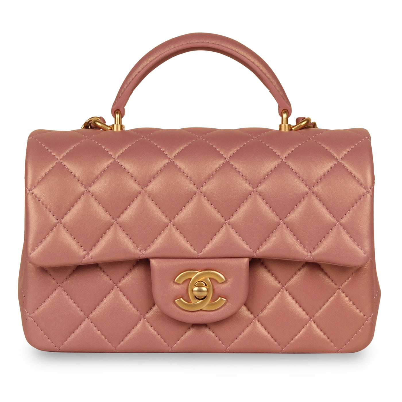 Chanel - Mini Rectangular Top Handle Classic Flap Bag - Shiny Pink - GHW - New - Bagista