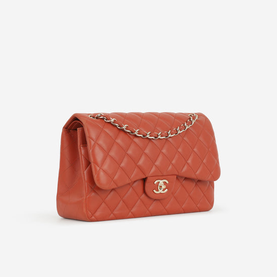 Chanel Jumbo Classic Flap Brick Red Lambskin Champagne Gold Hardware ...