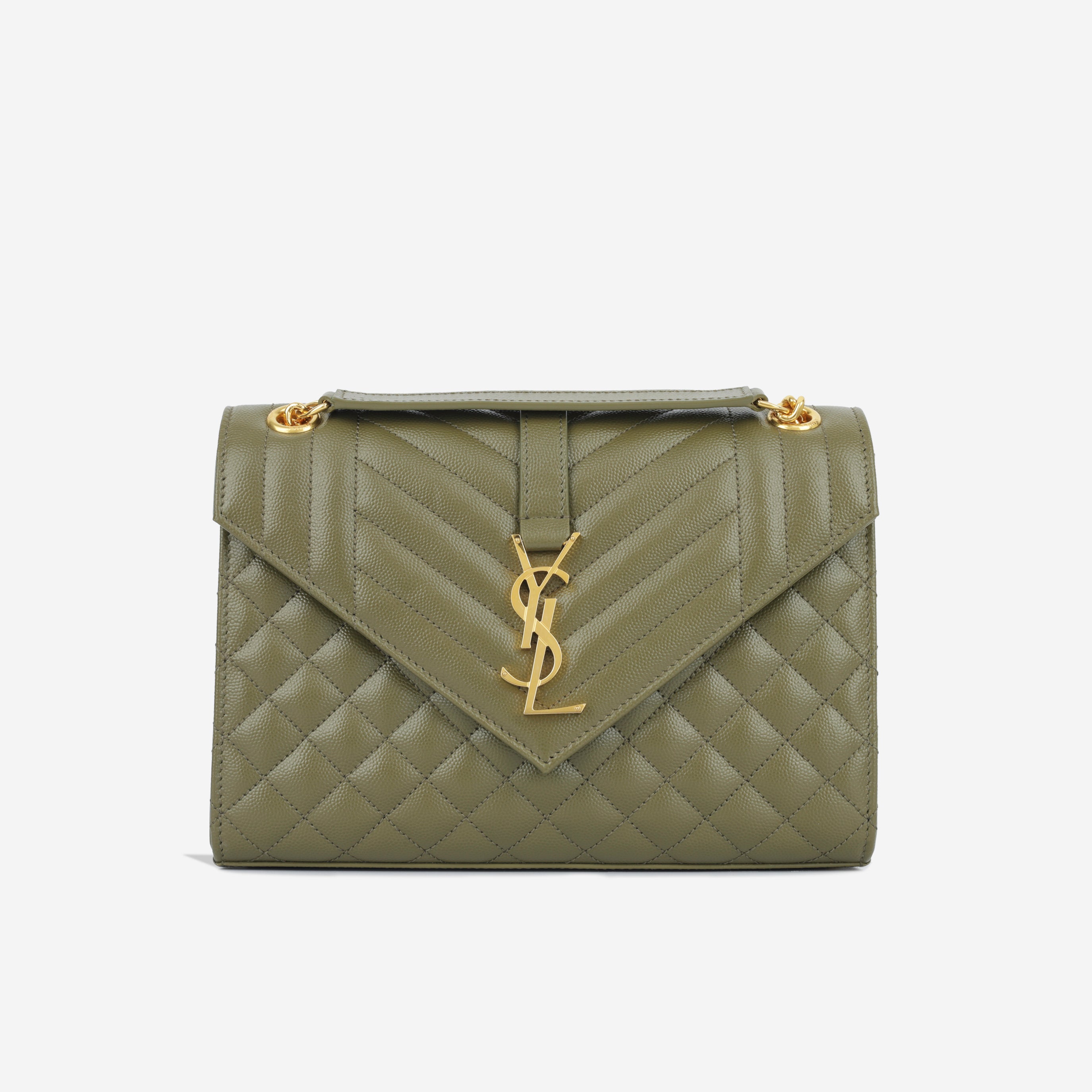 Saint Laurent - Medium Envelope Khaki Grained GHW - Pre-Loved – Bagista