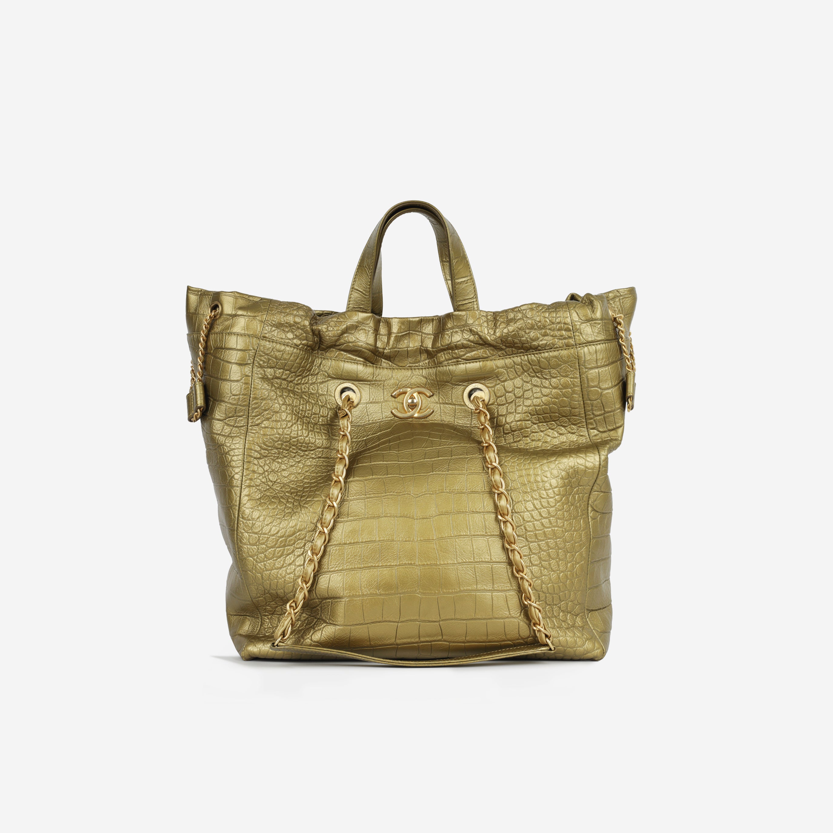 Chanel - Large Drawstring Hobo - Gold Croc Embossed AGHW - Excellent ...