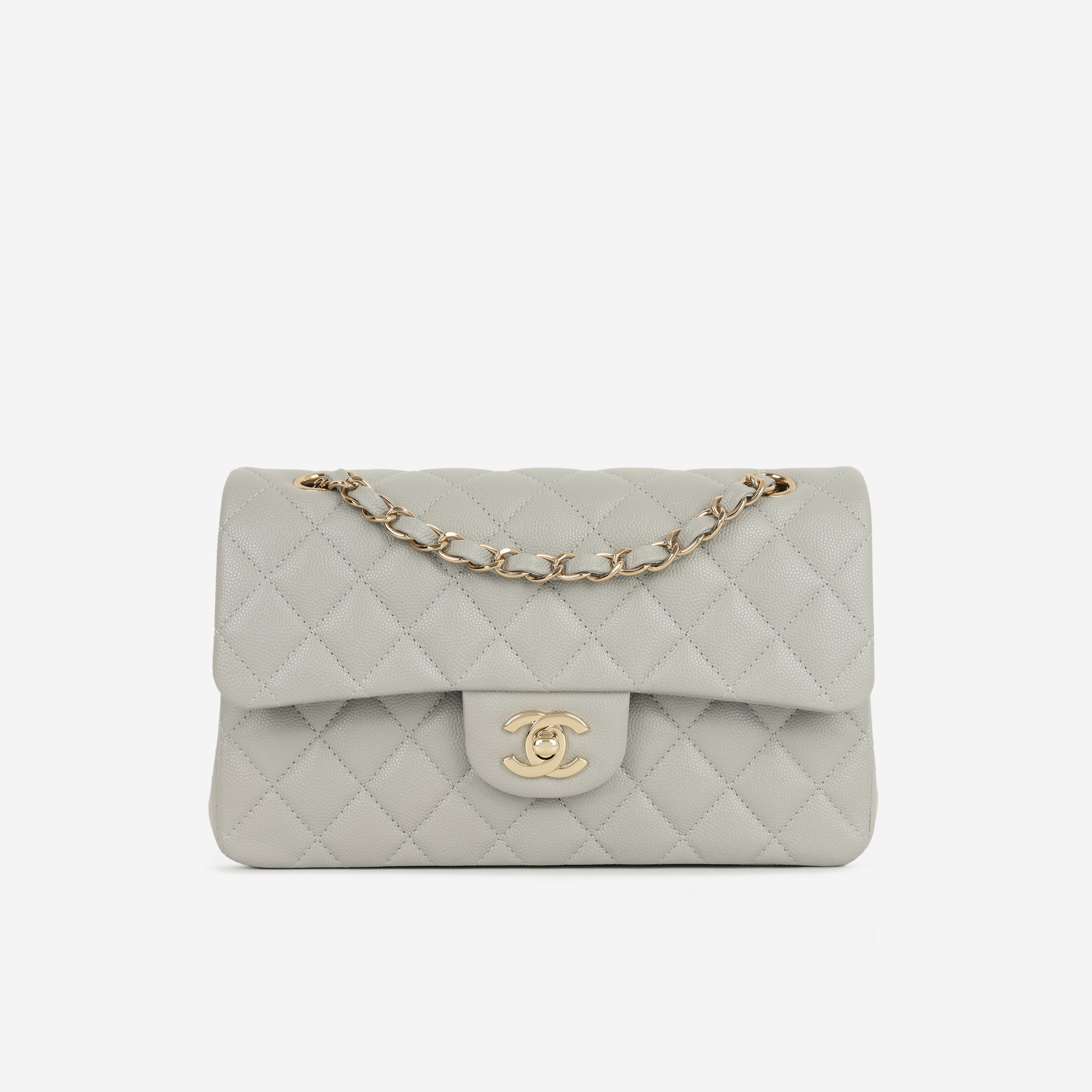Chanel Small Classic Double Flap – Grey Caviar | Champagne Gold | Bagista