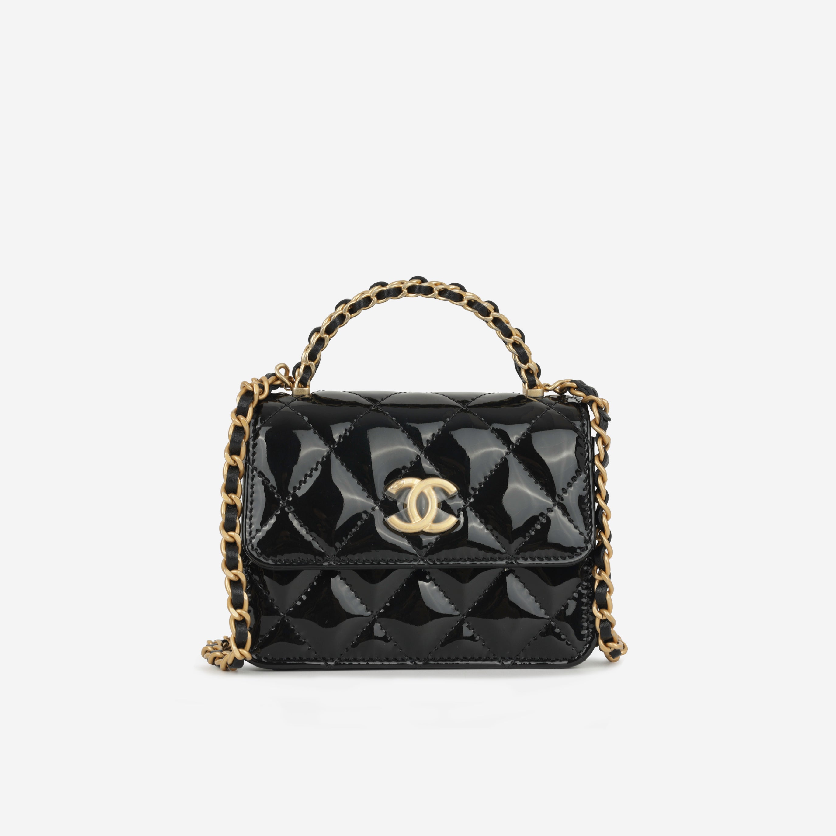 Chanel Micro Top Handle Clutch On Chain - Black Patent Calfskin | Gold ...