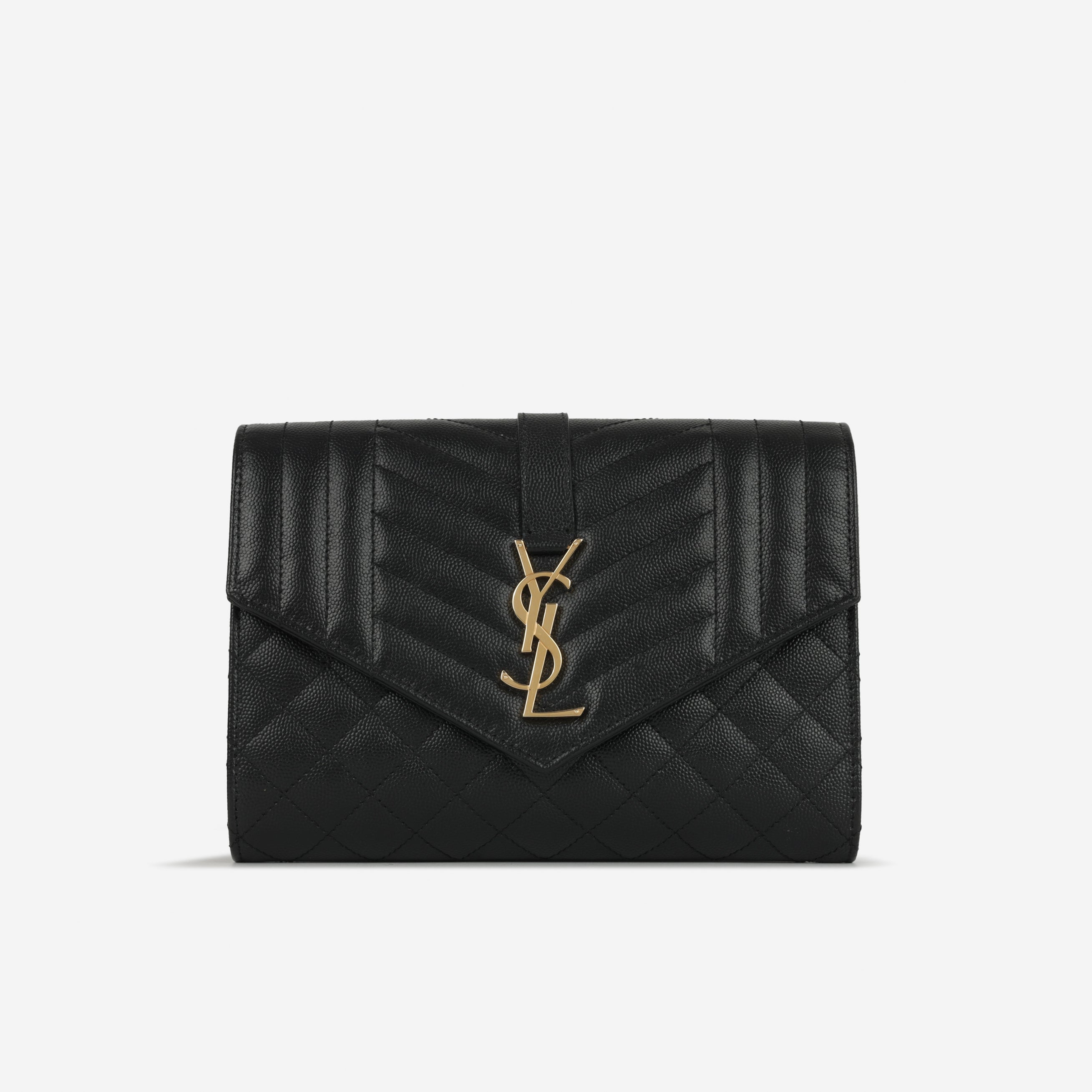 Saint Laurent Envelope Quilted Clutch - Black Grained Calfskin | Gold ...