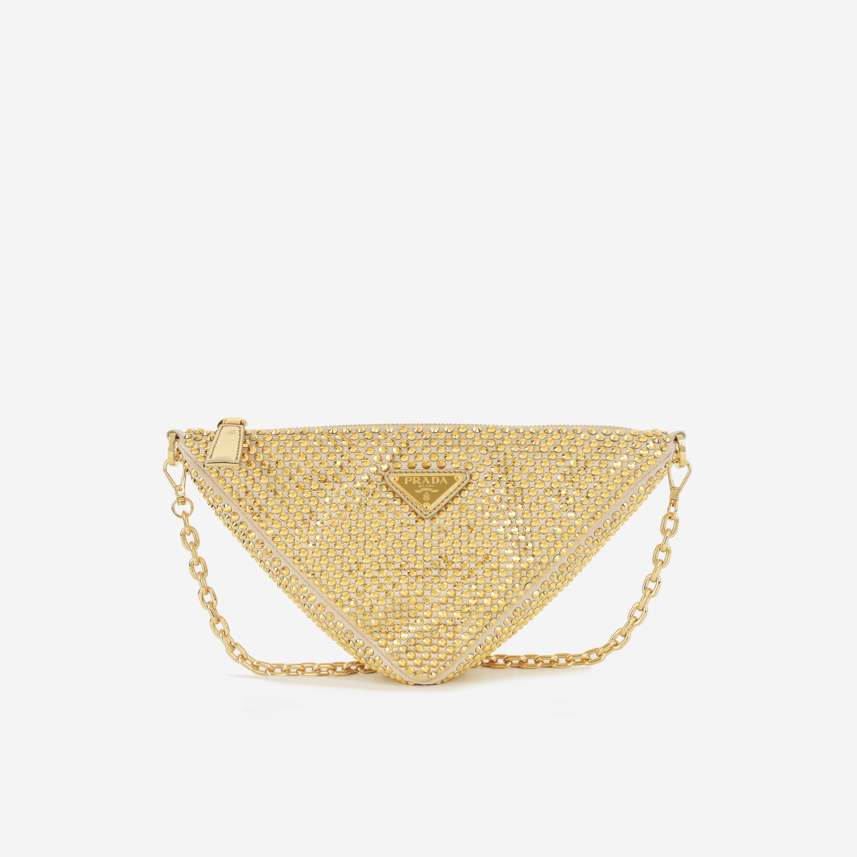 Prada Triangle - Gold Satin & Crystal | Gold Hardware – Bagista